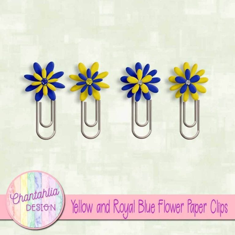 Free Yellow and Royal Blue Flower Paper Clips for Digital Scrapbooking