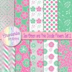 Free Sea Green and Pink Doodle Flowers Digital Papers