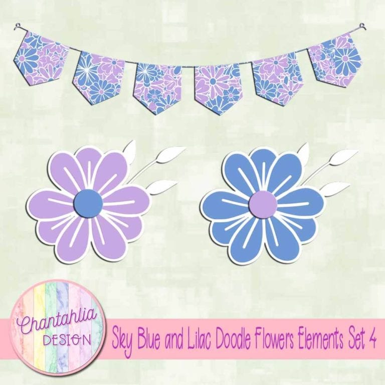Free Sky Blue and Lilac Doodle Flowers Design Elements