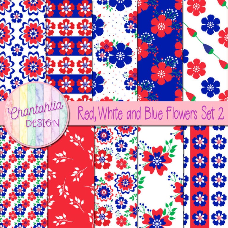 Free Red, White and Blue Flowers Digital Papers for Digital Scrapbooking