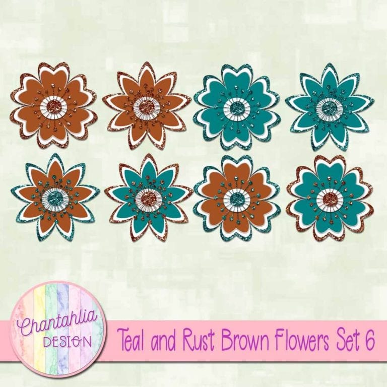 Free Teal and Rust Brown Flowers for Digital Scrapbooking