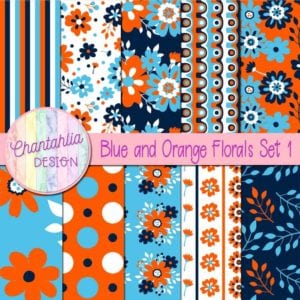 Free Blue and Orange Digital Papers with Florals Designs