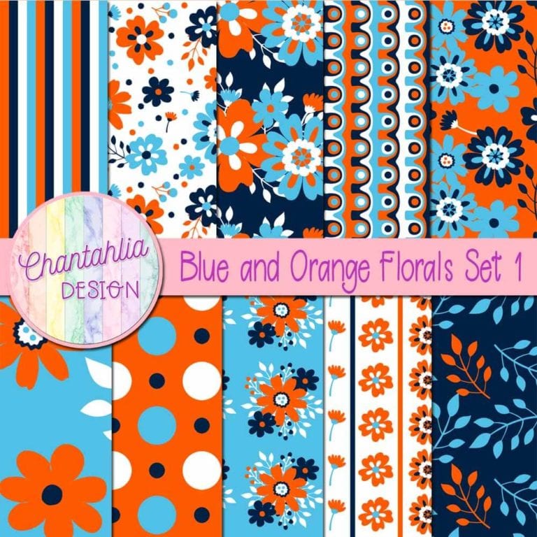 Free Blue and Orange Digital Papers with Florals Designs