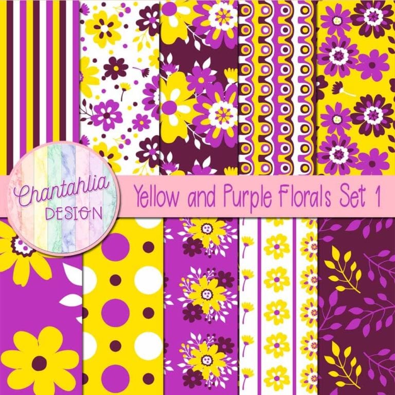 Free Yellow and Purple Digital Papers with Florals Designs