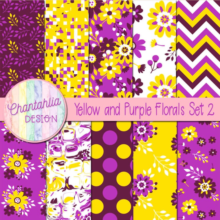 Free Yellow and Purple Digital Papers with Florals Designs