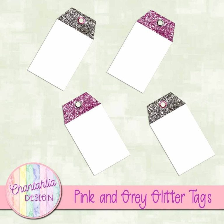 Free Pink and Grey Glitter Tags for Digital Scrapbooking