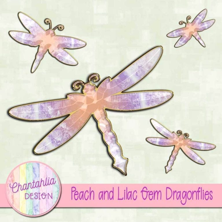 Free Peach and Lilac Gem Dragonflies for Digital Scrapbooking