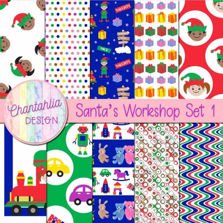Free digital papers featuring Santa's Workshop Christmas designs.