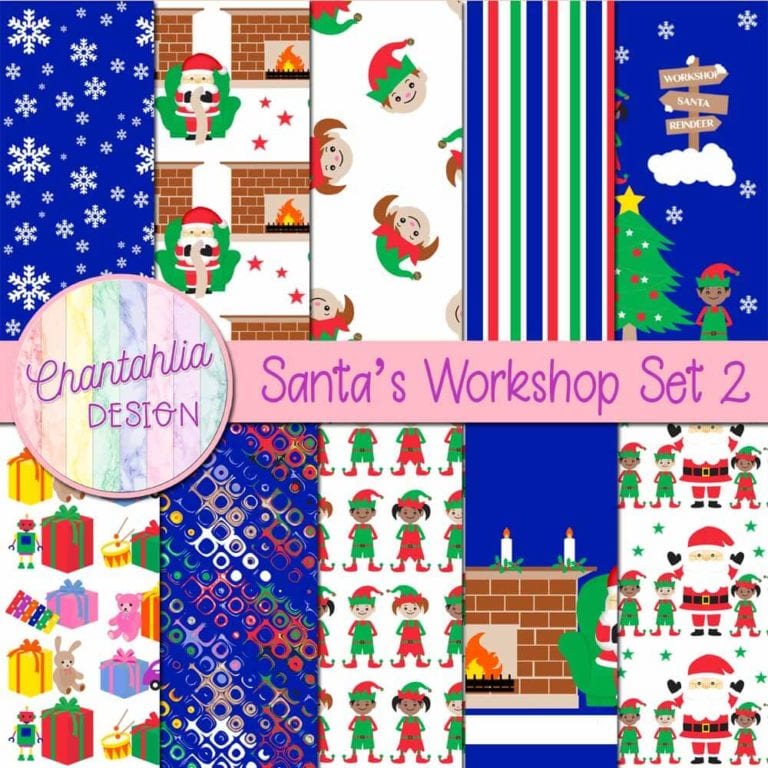 Free digital papers featuring Santa's Workshop Christmas designs.