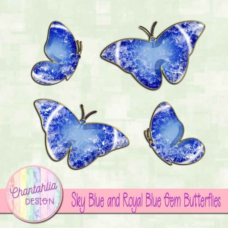 Free Sky Blue and Royal Blue Gem Butterflies for Digital Scrapbooking