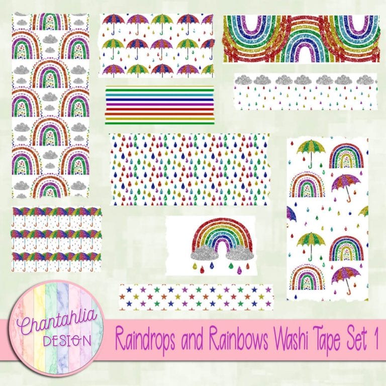 Free Raindrops and Rainbows Washi Tape for Digital Scrapbooking