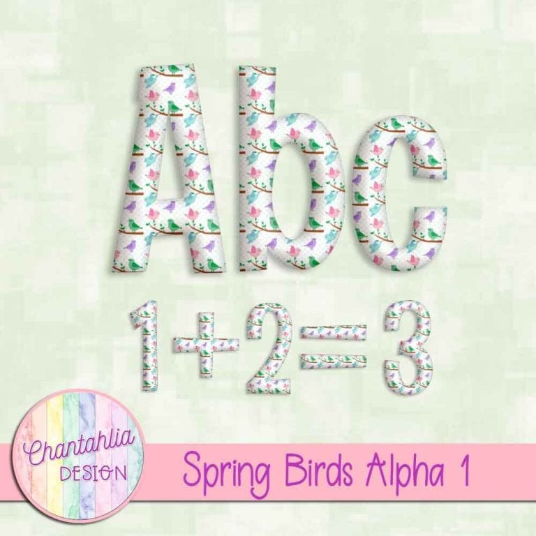 Free Alpha with a Spring Birds design for digital scrapbooking