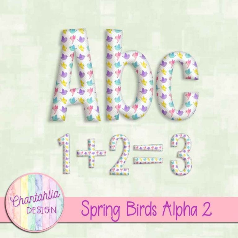 Free Alpha with a Spring Birds design for digital scrapbooking