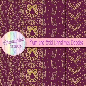 Free Digital Papers featuring Plum and Gold Christmas Doodles Patterns