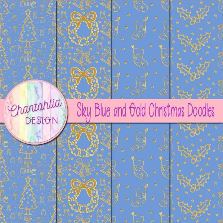 Free Digital Papers featuring Sky Blue and Gold Christmas Doodles Patterns