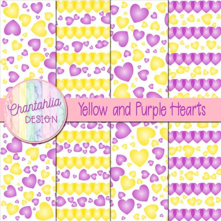 Free Yellow and Purple Digital Papers with Heart Designs