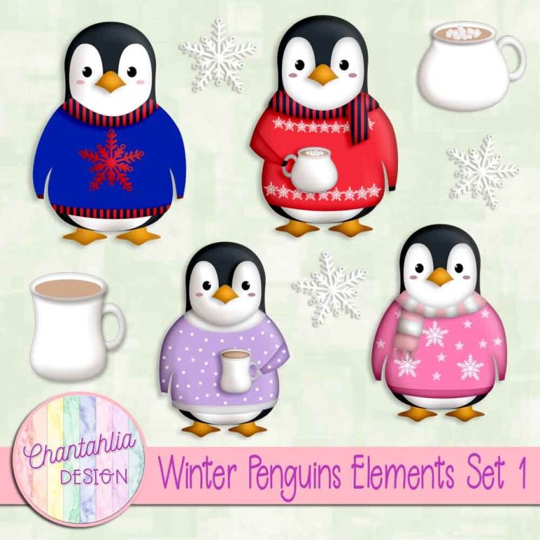 Free Winter Penguins Design Elements for Digital Scrapbooking