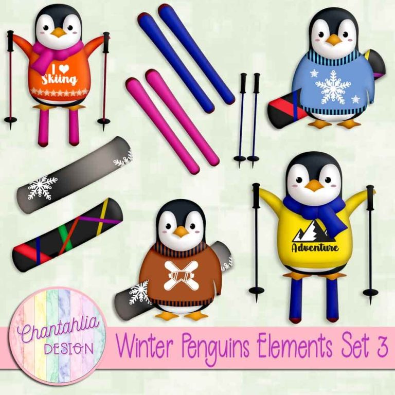 Free Winter Penguins Design Elements for Digital Scrapbooking