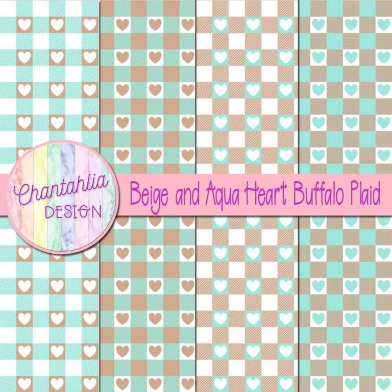 Free Beige and Aqua Digital Papers with Heart Buffalo Plaid Designs