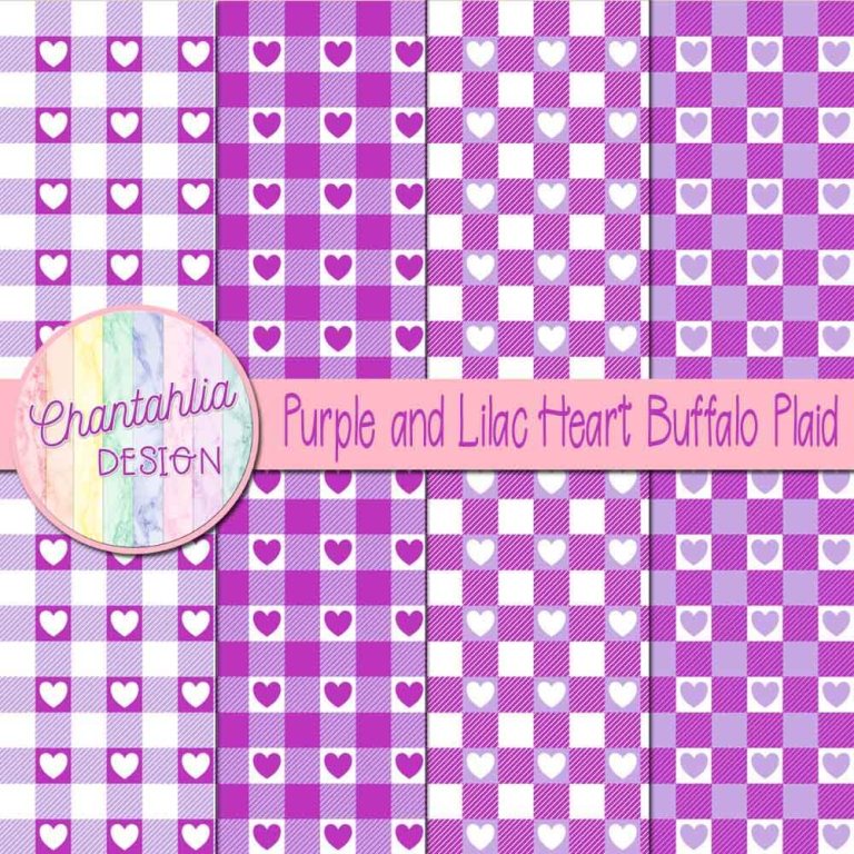 Free Purple and Lilac Digital Papers with Heart Buffalo Plaid Designs