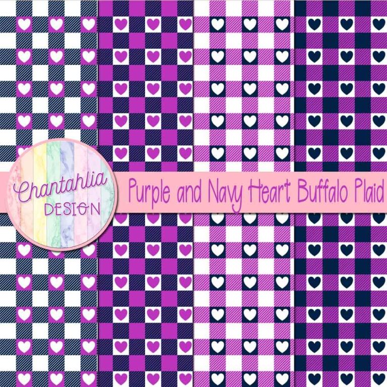 Free Purple and Navy Digital Papers with Heart Buffalo Plaid Designs