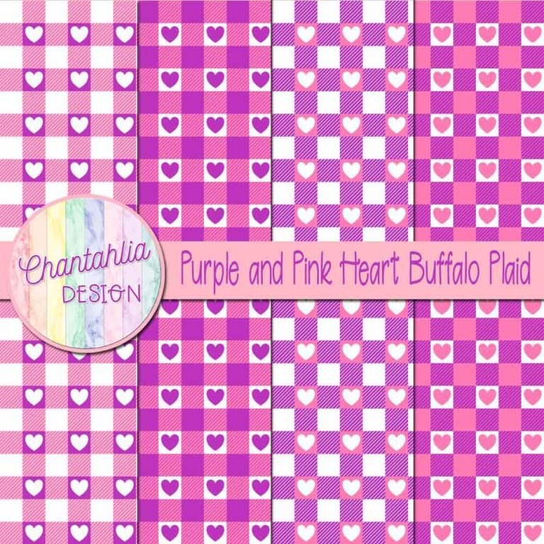 Free Purple and Pink Digital Papers with Heart Buffalo Plaid Designs