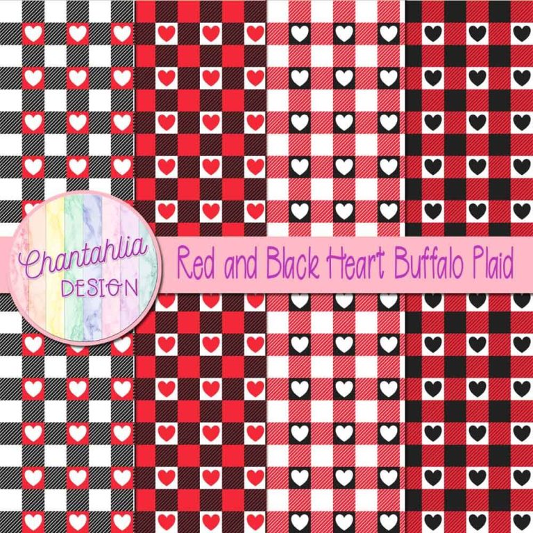Free Red and Black Digital Papers with Heart Buffalo Plaid Designs