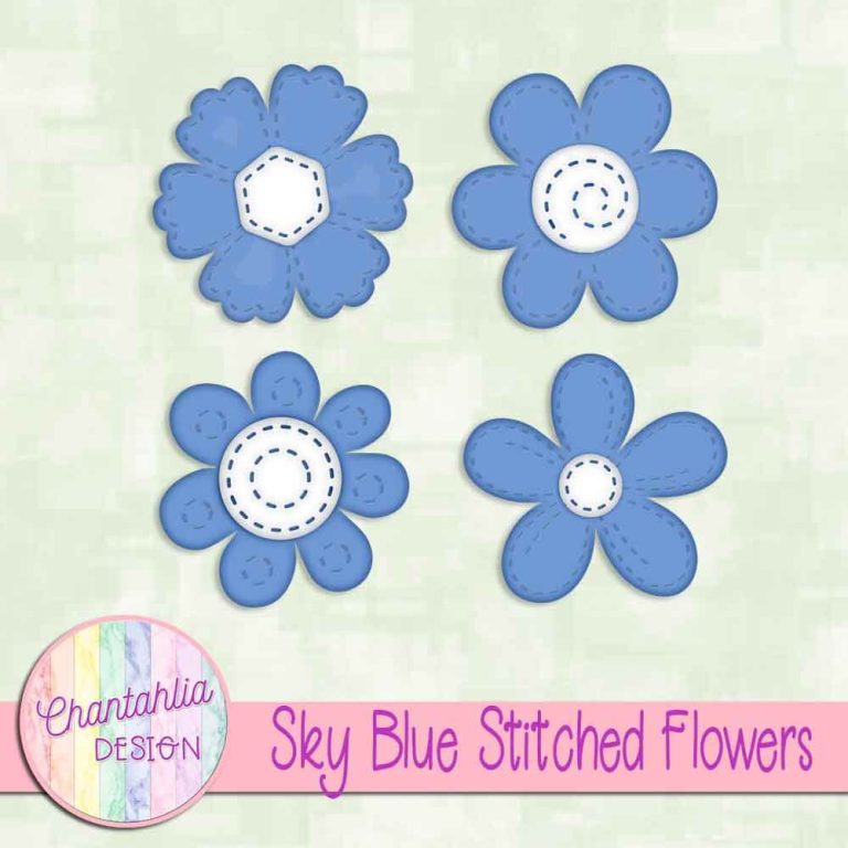 Free Stitched Flowers Design Elements in Sky Blue