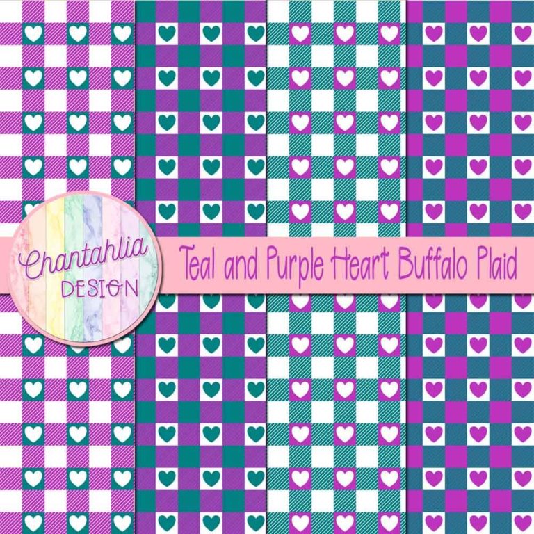 Free Teal and Purple Digital Papers with Heart Buffalo Plaid Designs