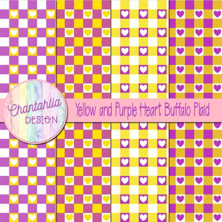 Free Yellow and Purple Digital Papers with Heart Buffalo Plaid Designs