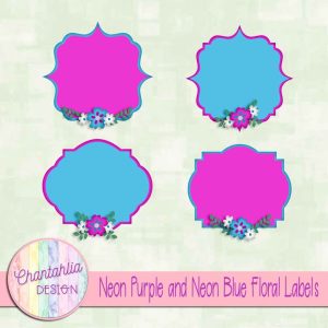 Free Neon Purple and Free Neon Blue Floral Labels for Digital Scrapbooking
