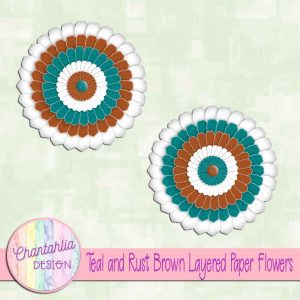 Free Teal and Rust Brown Layered Paper Flowers for Digital Scrapbooking