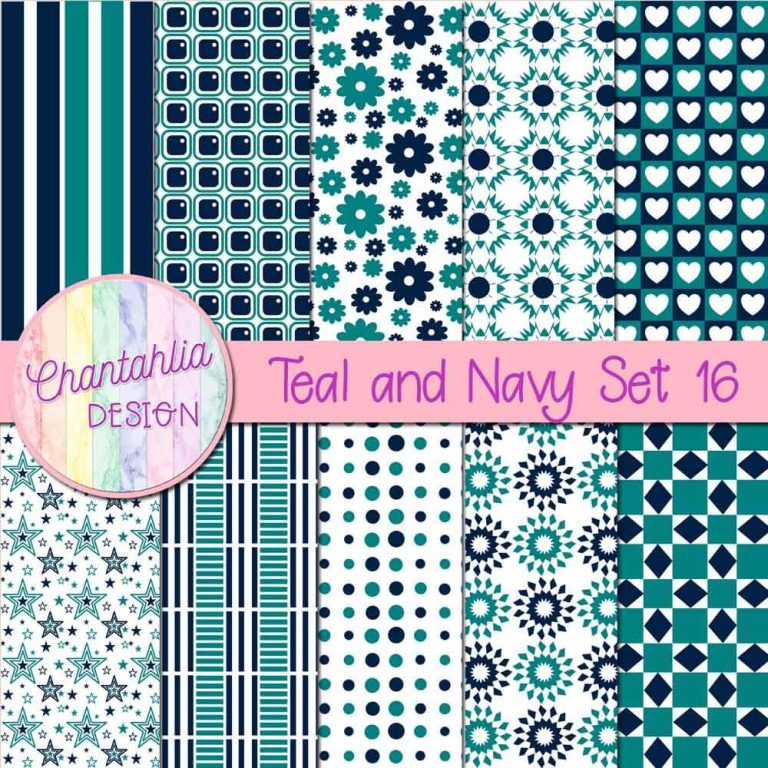 Free Teal and Navy Patterned Digital Papers Set 16