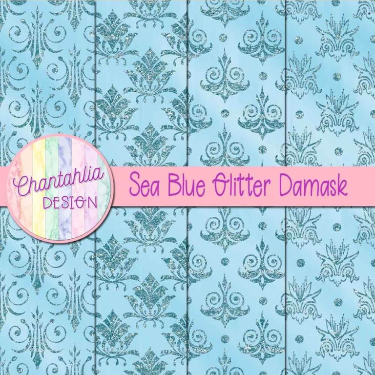 Free Digital Papers featuring Sea Blue Glitter Damask Designs