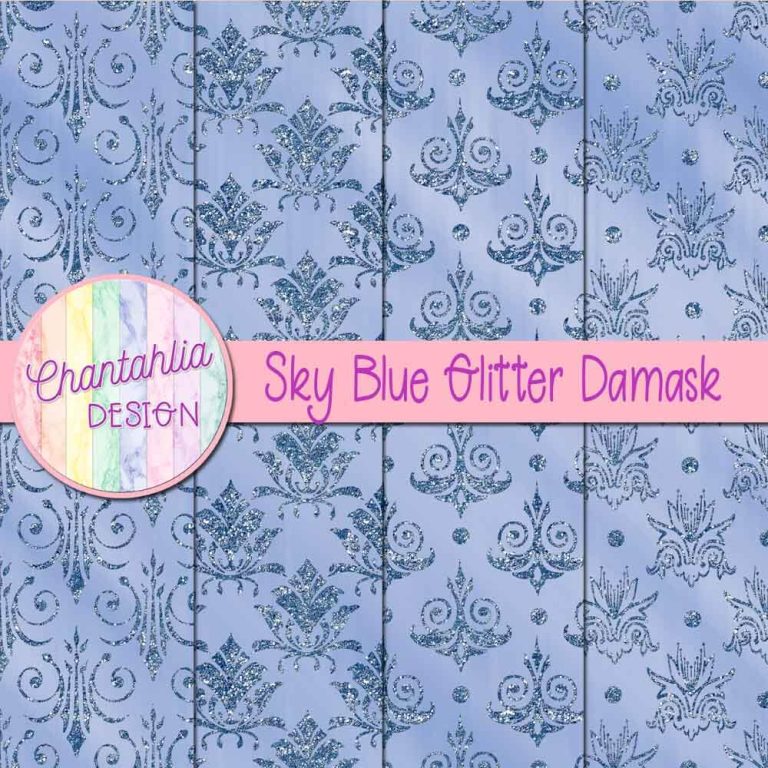 Free Digital Papers featuring Sky Blue Glitter Damask Designs