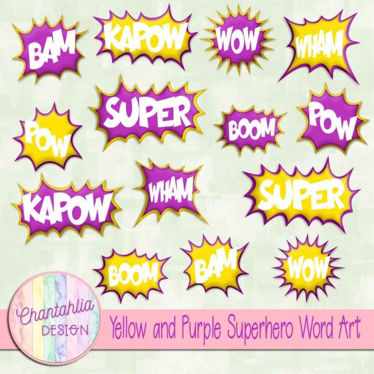 Free Yellow and Purple Word Art in a Superhero Theme for Digital ...