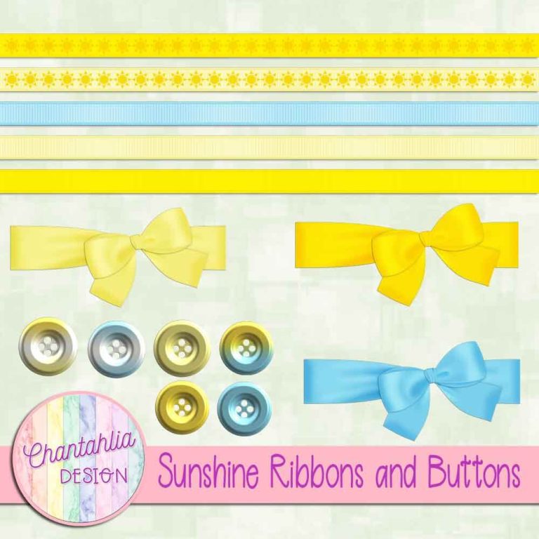 Free Ribbons and Buttons in a Sunshine Theme for Digital Scrapbooking