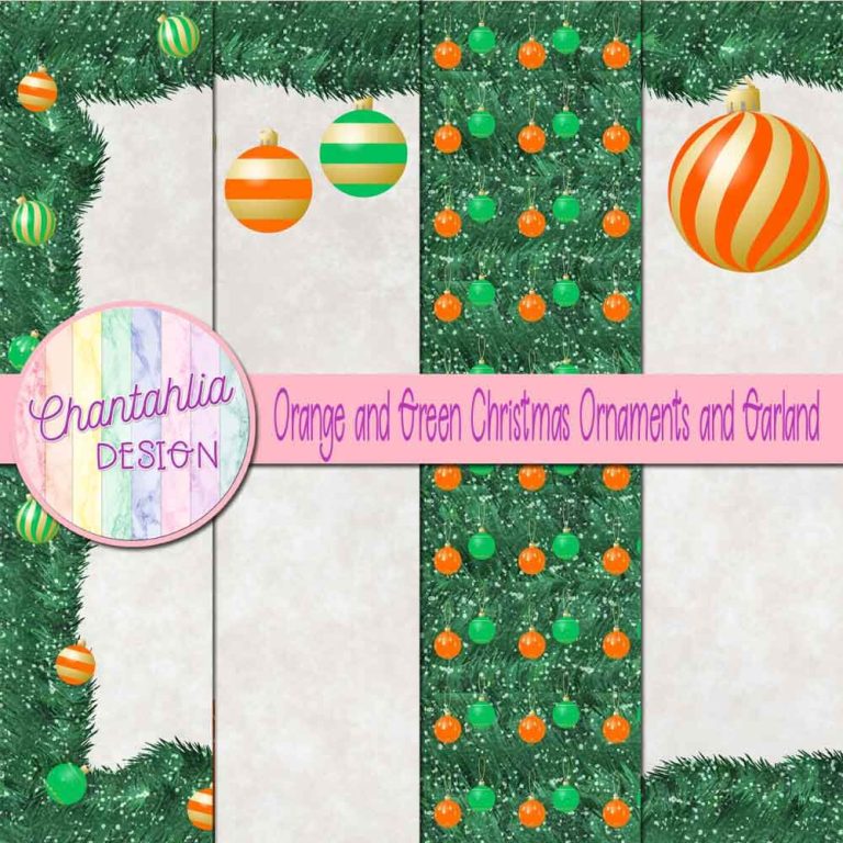 Orange and Green Christmas Ornaments and Garland Digital Papers