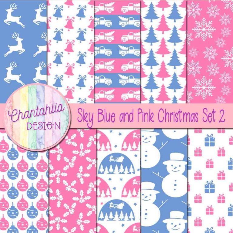 Sky Blue and Pink Christmas Digital Papers Set 2
