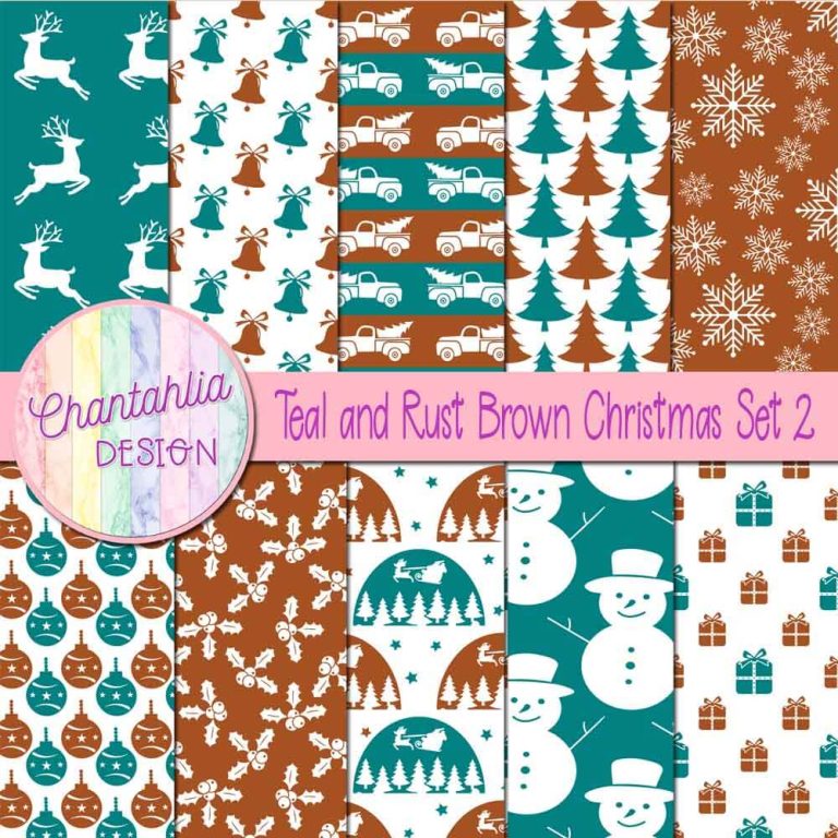 Teal and Rust Brown Christmas Digital Papers Set 2