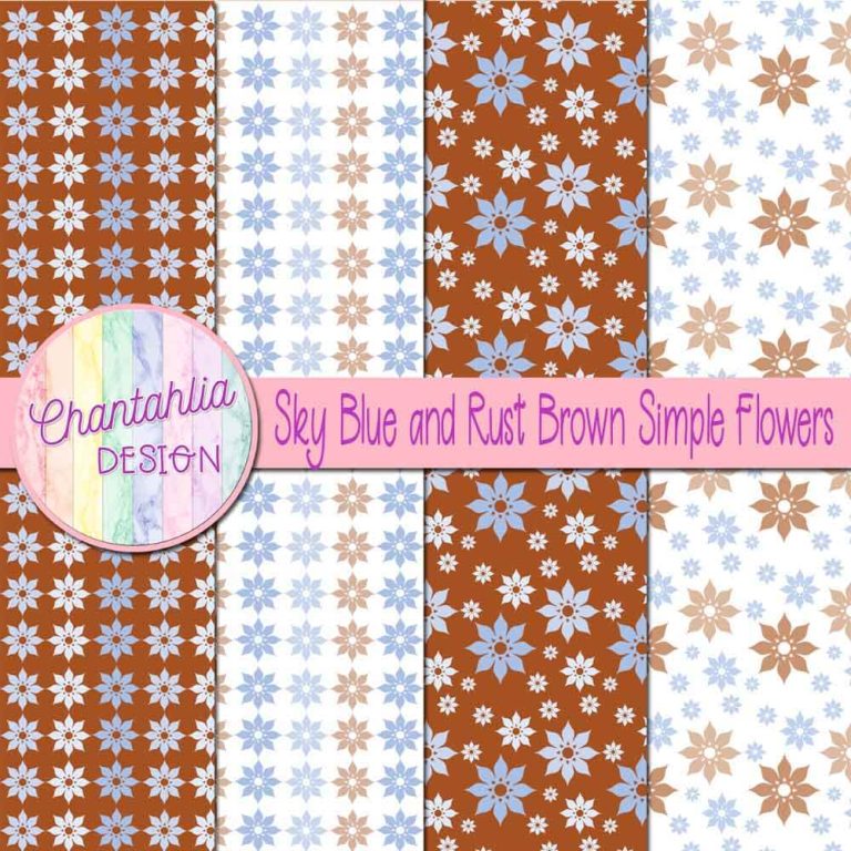 Sky Blue and Rust Brown Simple Flowers Digital Papers
