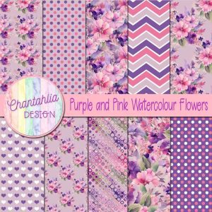 Purple and Pink Watercolour Flowers Digital Papers and Element