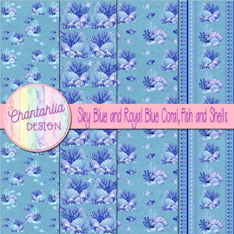 Sky Blue and Royal Blue Coral, Fish and Shells Digital Papers