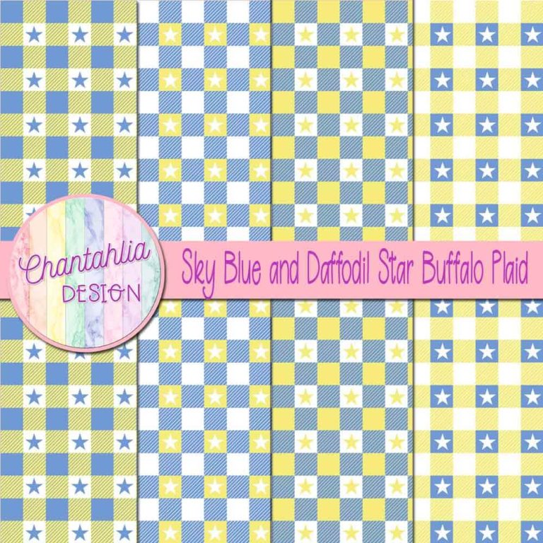 Sky Blue and Daffodil Star Buffalo Plaid Digital Papers