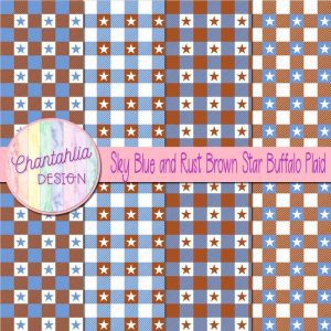 Sky Blue and Rust Brown Star Buffalo Plaid Digital Papers
