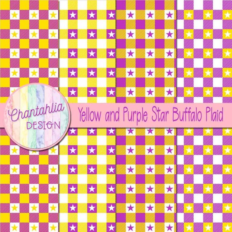 Yellow and Purple Star Buffalo Plaid Digital Papers
