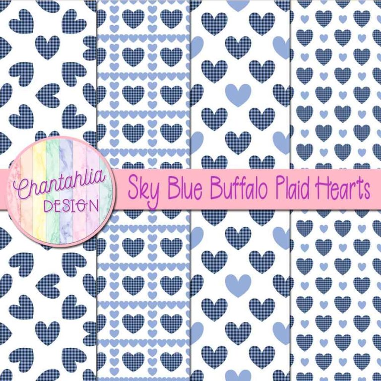 Sky Blue Buffalo Plaid Hearts Digital Papers