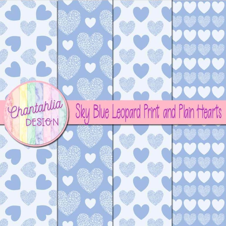 Sky Blue Leopard Print and Plain Hearts Digital Papers