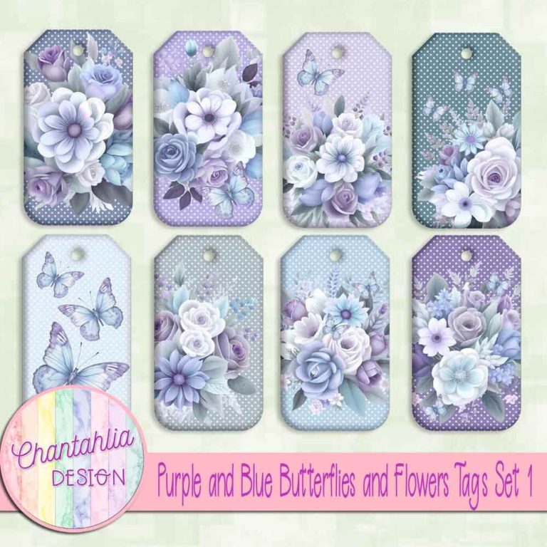 Purple and Blue Butterflies and Flowers Tags