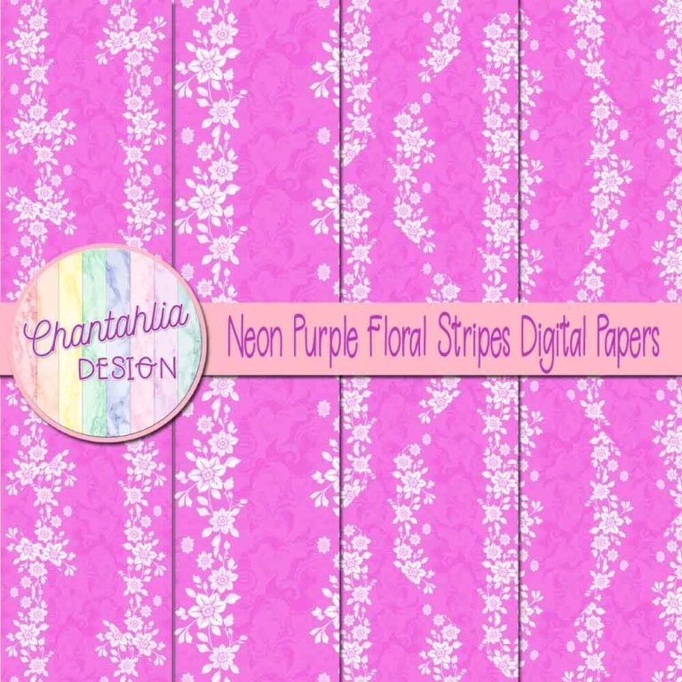Neon Purple Floral Stripes Digital Papers